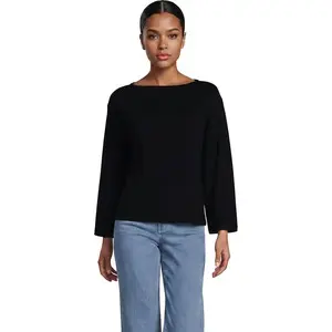 LANDS' END Bracelet Sleeve Supima Cotton Boat Neck Flare Sleeve Top Black