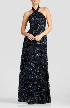 Dress The Population Manon Sequin Halter Gown - Black Multi