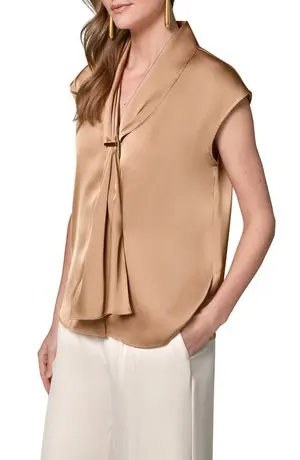 Donna Karan New York Bar Detail Satin V-neck Blouse - Fawn