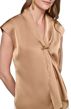 Donna Karan New York Bar Detail Satin V-neck Blouse - Fawn