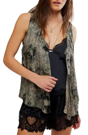 Free People Arden Sequin & Bead Detail Tie Dye Vest - Raven Combo