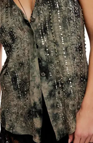 Free People Arden Sequin & Bead Detail Tie Dye Vest - Raven Combo