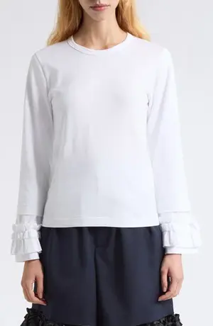 Comme Des Garçons Ruffle Cuff Long Sleeve Cotton Top - White