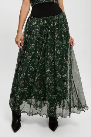 POPILUSH Shapewear Paisley High Waist A-line Maxi Skirt - Moss
