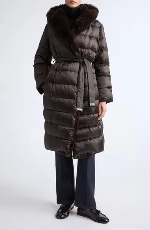 Max Mara Medusa Belted Puffer Coat With Faux Fur Trim - Brown