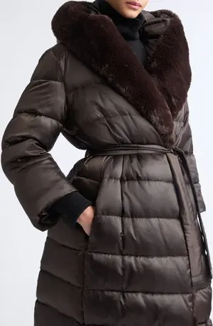 Max Mara Medusa Belted Puffer Coat With Faux Fur Trim