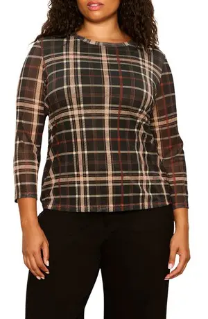 Sanctuary Plaid Mesh Three-quarter Sleeve Top Cinder Brown Plaid