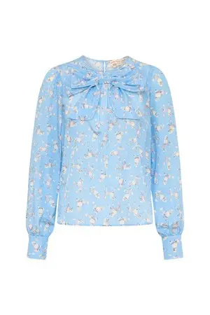 MAISON COMMON Printed Cotton Silk Blend Blouse With Bow Detail - Bleu