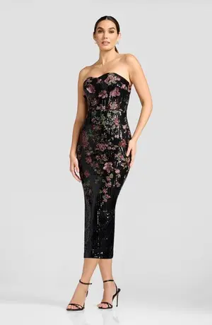 Dress The Population Shailene Floral Embroidered Sequin Strapless Cocktail Dress
