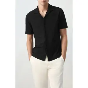 Mango Regular Fit Short Sleeve Textured Button-up Shirt - Black