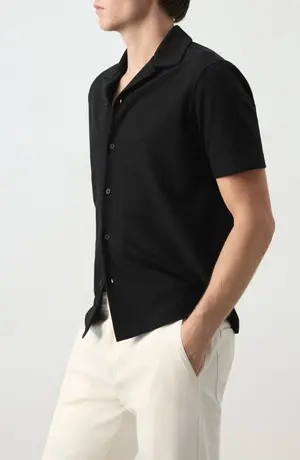 Mango Regular Fit Short Sleeve Textured Button-up Shirt - Black