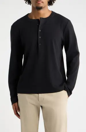 OPEN EDIT Fitted Long Sleeve Stretch Cotton Rib Henley - Black