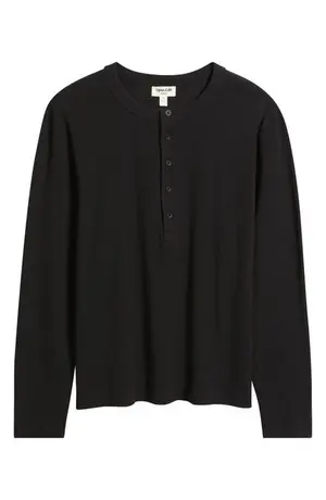 OPEN EDIT Fitted Long Sleeve Stretch Cotton Rib Henley - Black