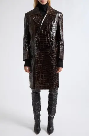 Junya Watanabe Croc Embossed Faux Leather Trench Coat - Brown