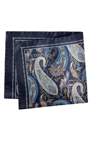 Eton Paisley Silk Twill Pocket Square - Navy