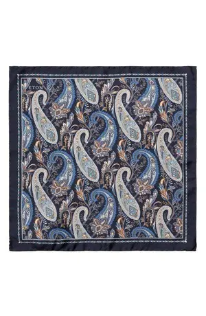Eton Paisley Silk Twill Pocket Square - Navy