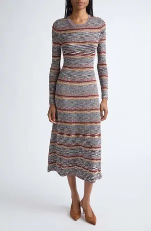 Veronica Beard Nami Stripe & Space Dye Long Sleeve Sweater Dress - Rust Multi