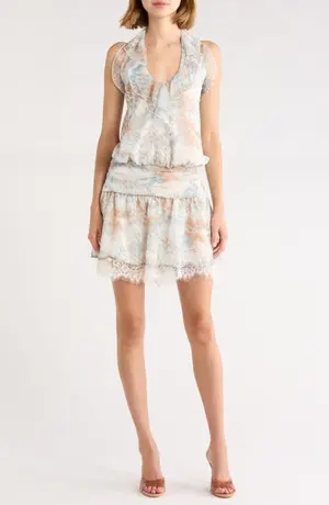 KITTENISH Abstract Print Lace Detail Chiffon Bubble Dress