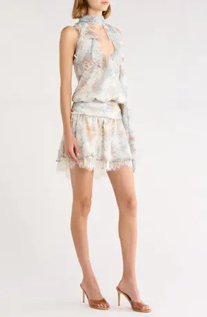 KITTENISH Abstract Print Lace Detail Chiffon Bubble Dress