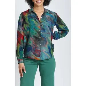APNY Roll Tab Sleeve Button-up Shirt - Emerald Auora Multi