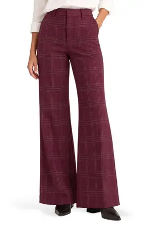 LIVERPOOL Kelsey Windowpane Plaid Wide Leg Pants - Burgundy Multi