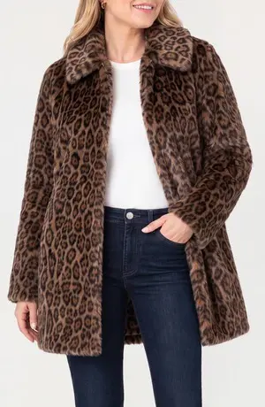 LIVERPOOL Faux Fur Collared Coat - Brown/multi