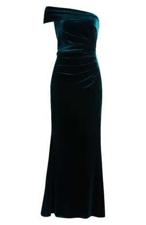 Eliza J Ruched One-shoulder Velvet Gown - Hunter