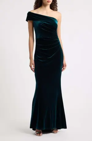 Eliza J Ruched One-shoulder Velvet Gown - Hunter