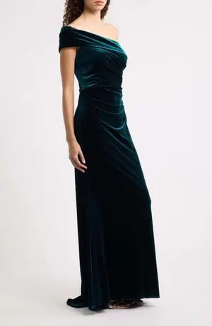 Eliza J Ruched One-shoulder Velvet Gown