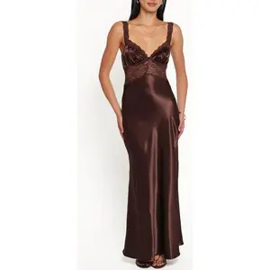 PETAL & PUP Nitara Lace Trim Satin Maxi Dress - Brown