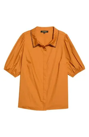 SUGARLIPS Blanket Stitch Collar Puff Sleeve Cotton Shirt - Rust