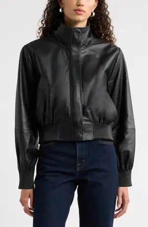 Nordstrom Funnel Neck Leather Bomber Jacket - Black