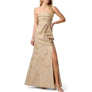 Adrianna Papell Strapless Metallic Jacquard Draped Gown - Mink