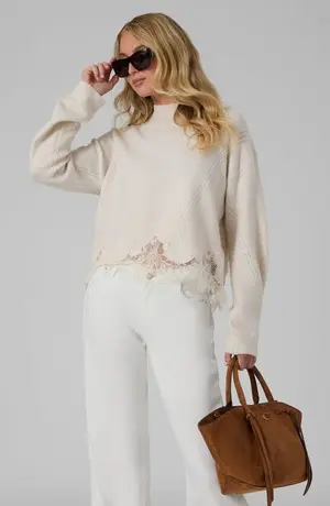 Guess Hayden Lace Hem Mock Neck Sweater - Silver