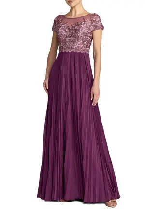 Mac Duggal Embroidered Cap Sleeve Pleated Gown - Plum