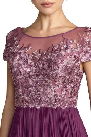 Mac Duggal Embroidered Cap Sleeve Pleated Gown