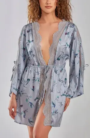 ICOLLECTION Hummingbird Print Cold Shoulder Lace Trim Satin Robe - Gray