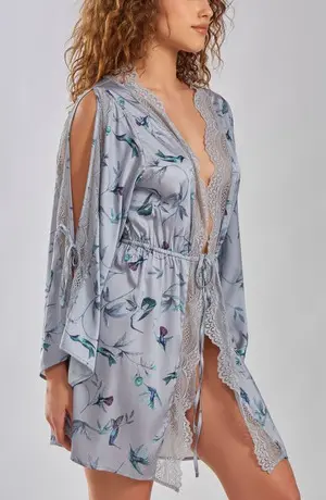 ICOLLECTION Hummingbird Print Cold Shoulder Lace Trim Satin Robe