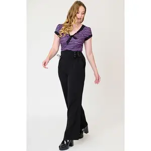 Unique Vintage Lace Up High Waist Trousers - Black Solid