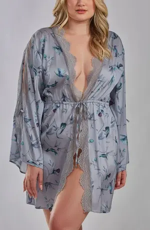 ICOLLECTION Hummingbird Print Cold Shoulder Lace Trim Satin Robe - Gray