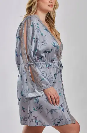 ICOLLECTION Hummingbird Print Cold Shoulder Lace Trim Satin Robe