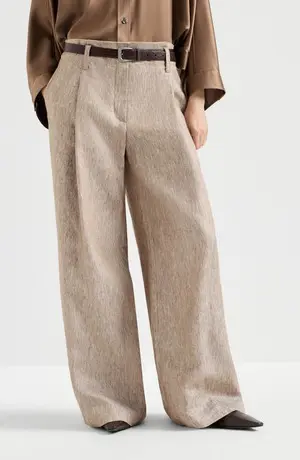 Brunello Cucinelli Linen Denim Pleated A-line Trousers With Monili