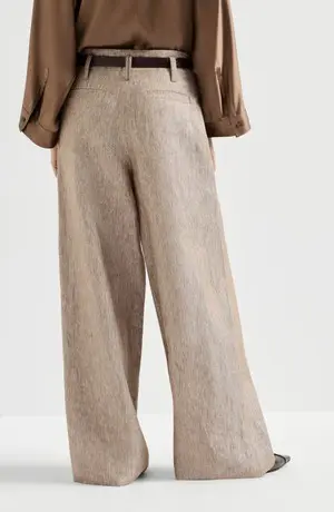 Brunello Cucinelli Linen Denim Pleated A-line Trousers With Monili