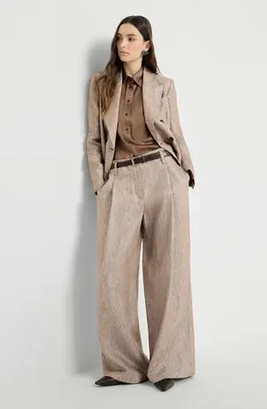 Brunello Cucinelli Linen Denim Pleated A-line Trousers With Monili