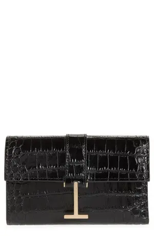 TOM FORD Kara Croc Embossed Leather Compact Wallet - Black