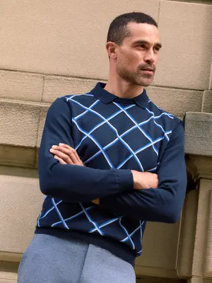 PAUL FREDRICK Cotton Crewneck Polo - Navy
