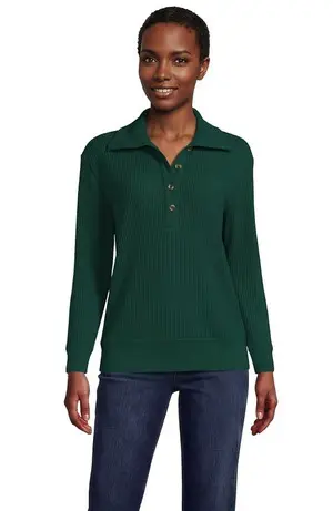 LANDS' END Long Sleeve Waffle Button Up Henley - Pine