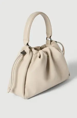 Brunello Cucinelli Mellow Small Bucket Bag In Soft Leather With Monili - Ivory