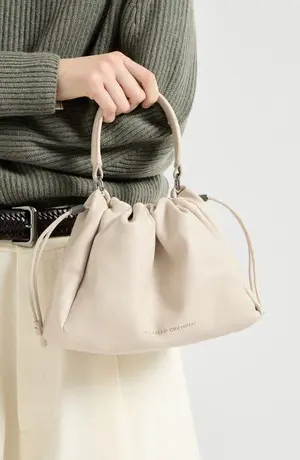 Brunello Cucinelli Mellow Small Bucket Bag In Soft Leather With Monili - Ivory