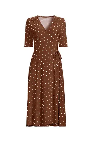 LANDS' END Silky Knit Elbow Sleeve Wrap Midi Dress